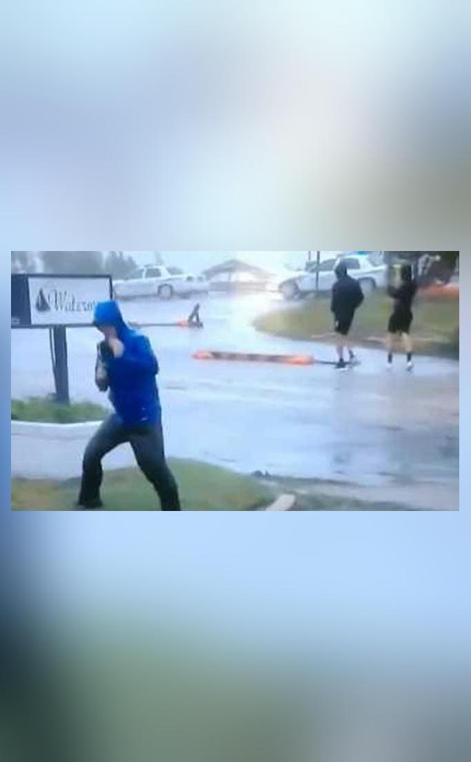 Reporter can't stand as people walk calmly in viral hurricane clip